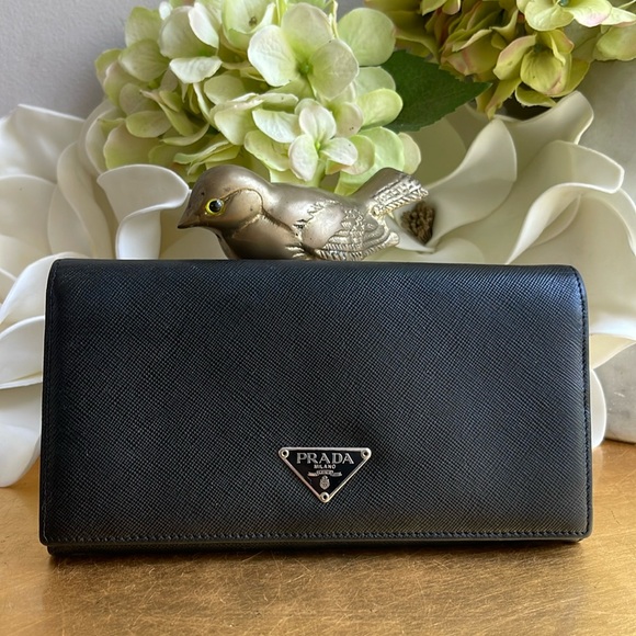Prada | Bags | Prada Triangle Logo Long Snap Wallet In Black Saffiano ...